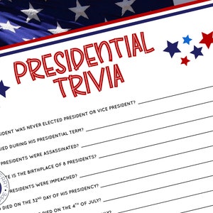4th of July Presidential Trivia Game Fourth of July Independence Day ...