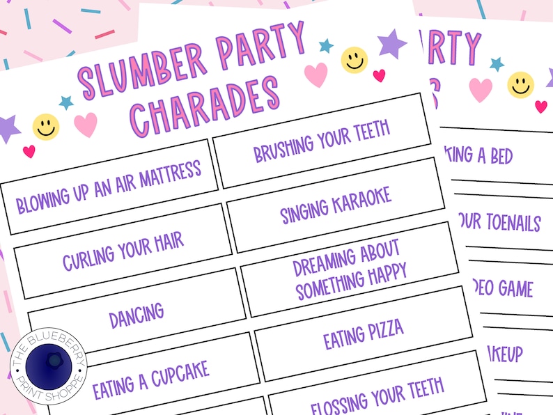 Slumber Party Game | Charades | Pictionary | Sleepover | 26 Fun Phrases ...
