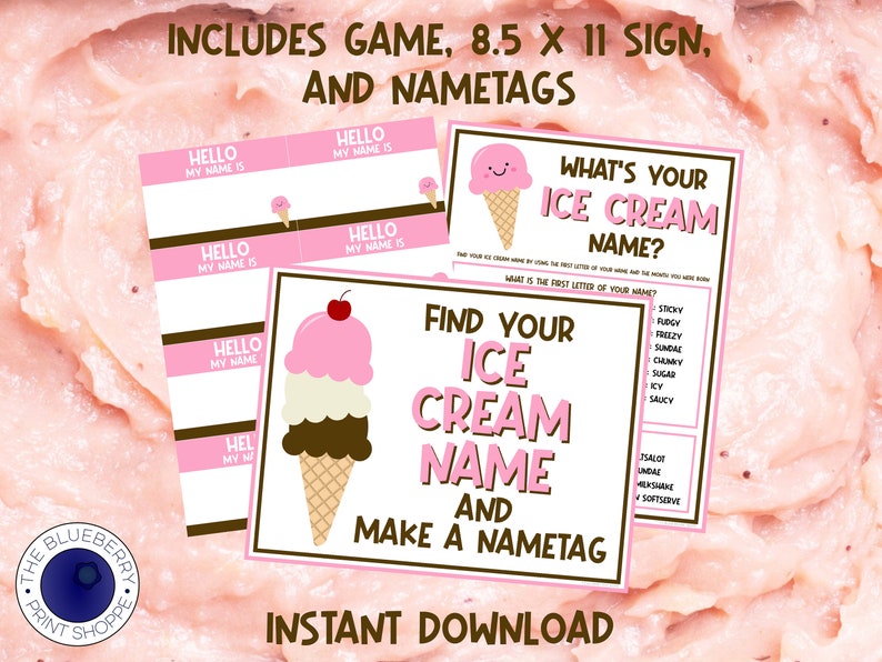 What's Your Ice Cream Name Game WITH NAMETAGS + SIGN | Ice Cream Party ...