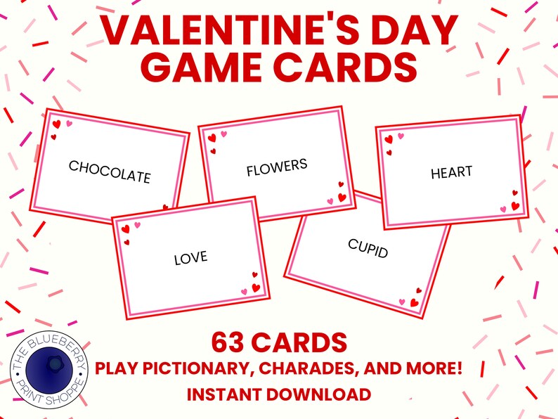 Valentine's Day Game: Printable Word Cards for Charades, Draw and Guess ...