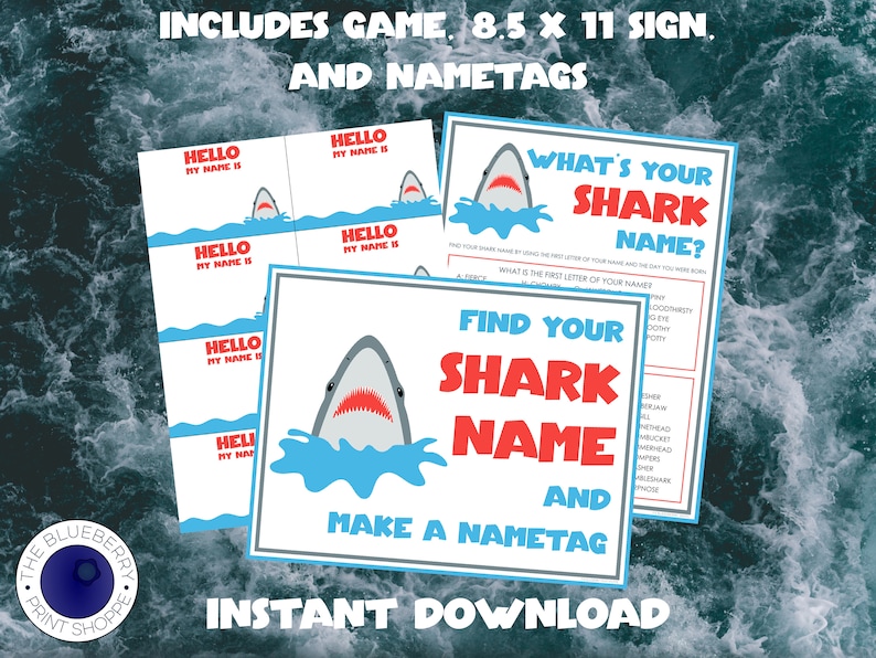 What's Your Shark Name Game WITH NAMETAGS & SIGN Shark - Etsy