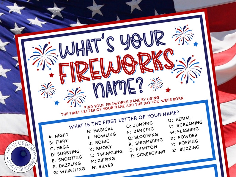 What's Your Fireworks Name Game WITH NAMETAGS & SIGN | Fourth of July ...