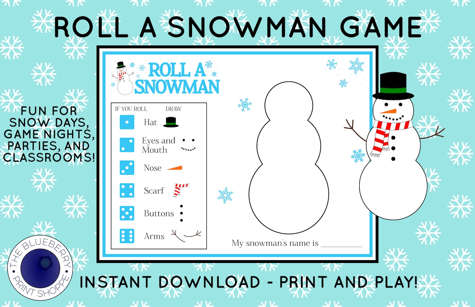 Roll A Snowman Dice Game Draw A Snowman Game Classroom | Etsy