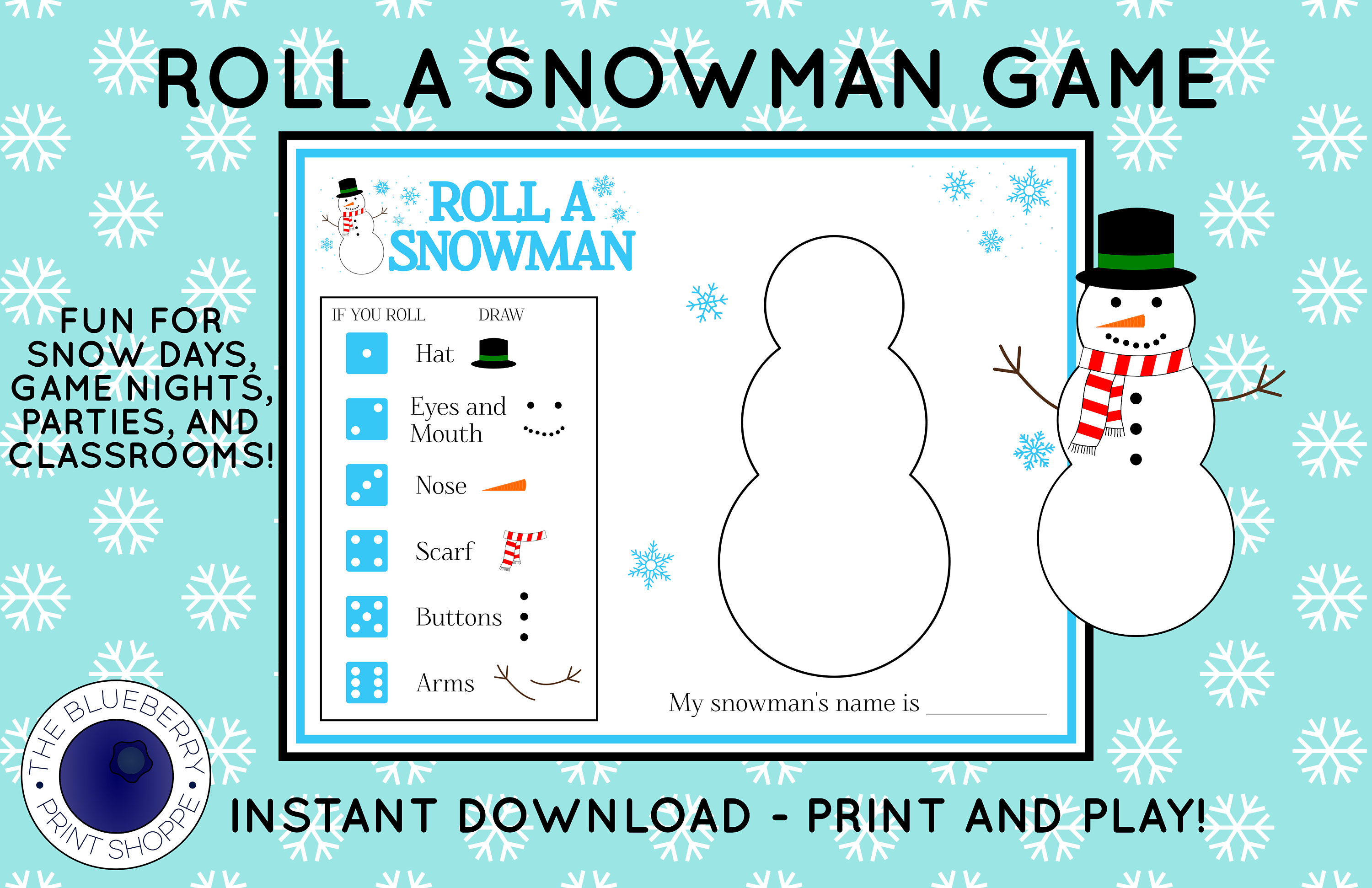 Roll A Snowman Dice Game Draw A Snowman Game Classroom | Etsy
