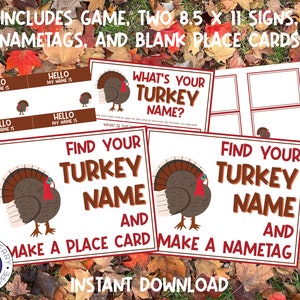 What's Your Turkey Name Thanksgiving Game WITH NAMETAGS & PLACECARDS ...