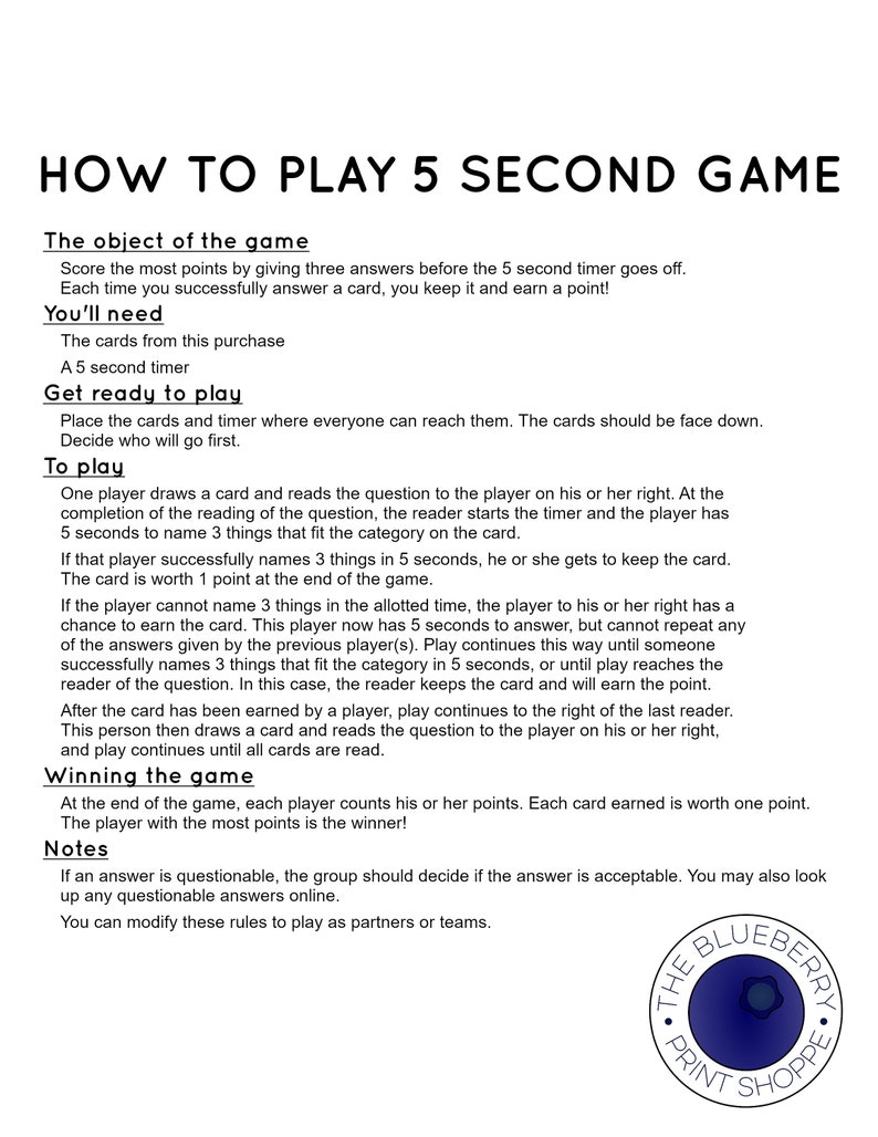 Thanksgiving Game 5 Second Game Name 3 Game - Etsy