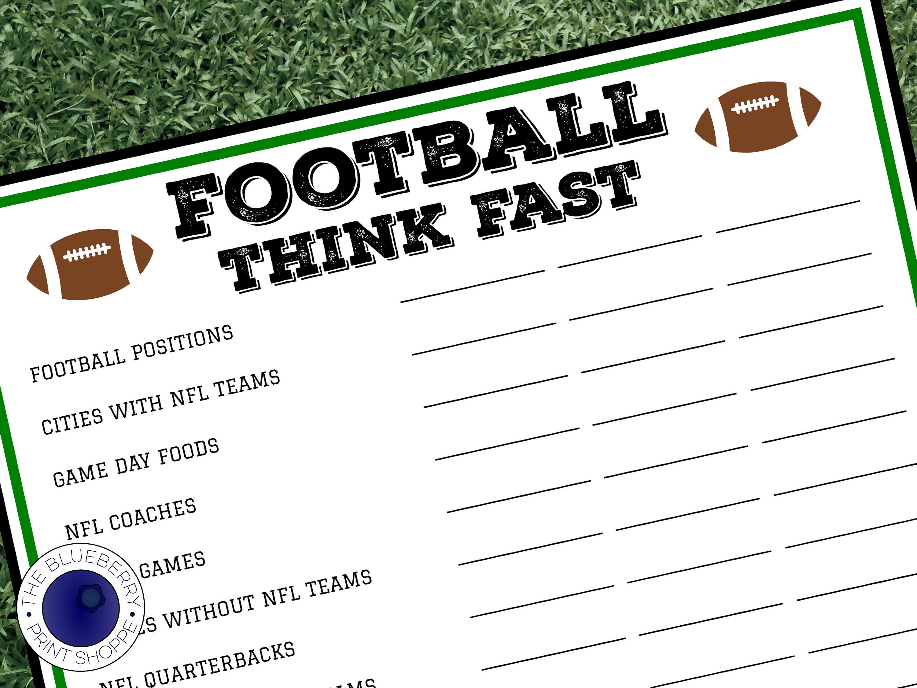 Football Game Think Fast Football Party Game Printable Football Game ...
