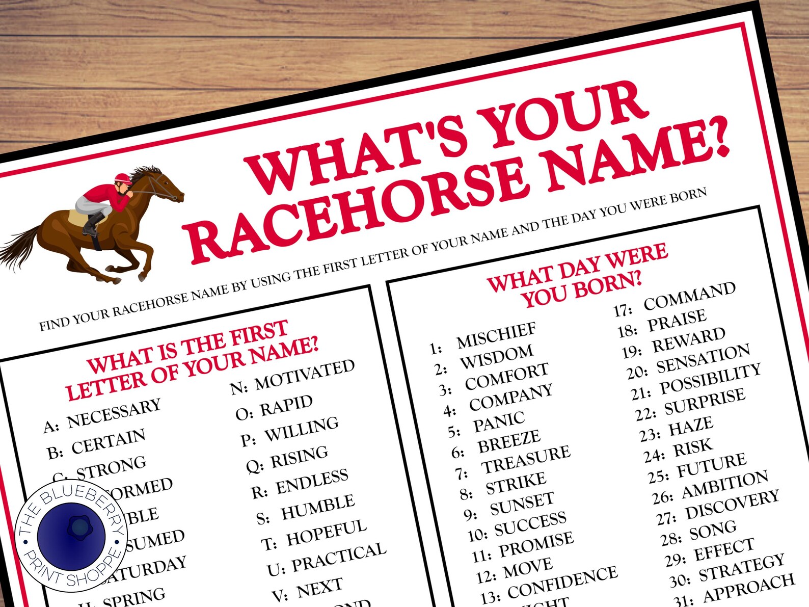 What's Your Racehorse Name Game With Nametags & Sign | VERSION 2 ...