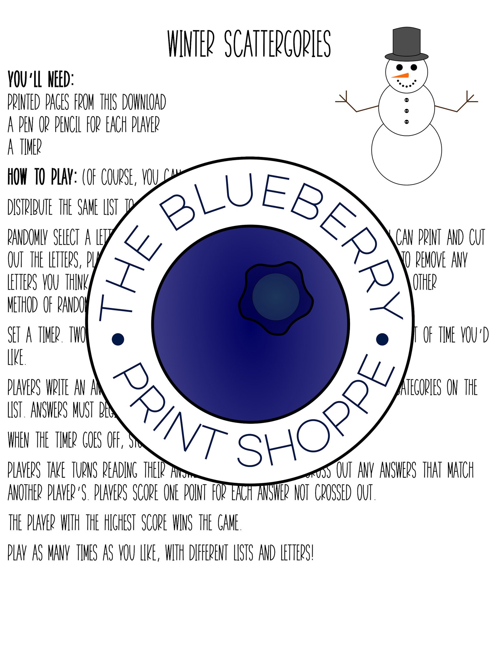 Winter Scattergories PRINTABLE Holiday Party Game | Etsy