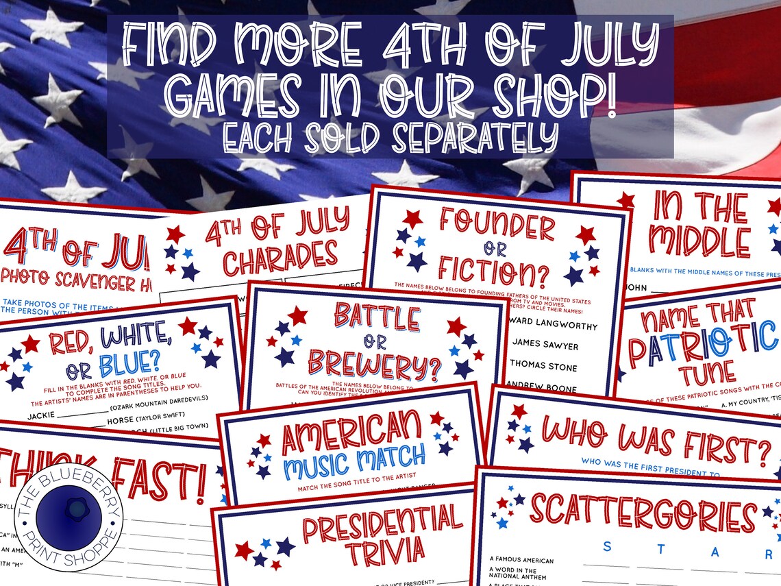 Fourth of July Printable Game - Pictionary - 20 Questions - Charades ...
