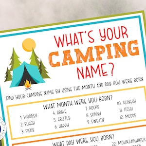 What's Your Camping Name Game WITH NAMETAGS & SIGN | Camping Birthday ...