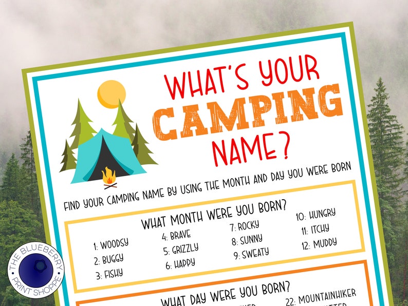 What's Your Camping Name Game WITH NAMETAGS & SIGN | Camping Birthday ...