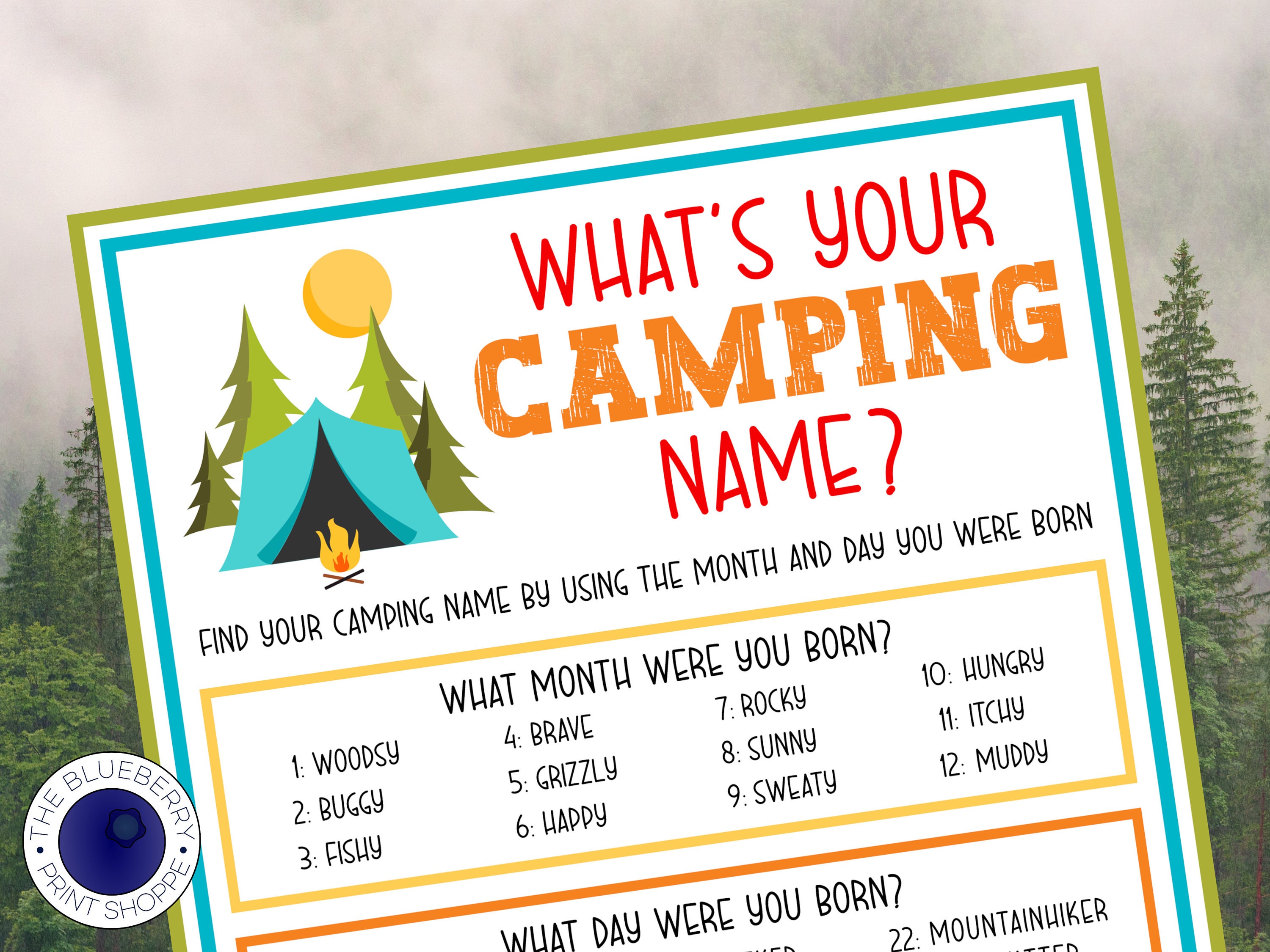 What's Your Camping Name Game WITH NAMETAGS & SIGN | Camping Birthday ...