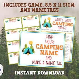 What's Your Camping Name Game WITH NAMETAGS & SIGN | Camping Birthday ...