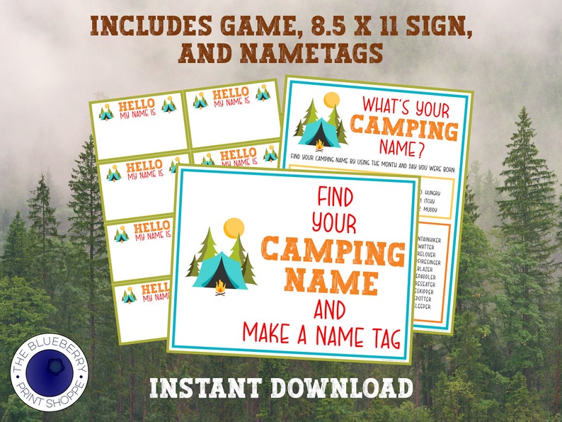 What's Your Camping Name Game WITH NAMETAGS & SIGN | Camping Birthday ...