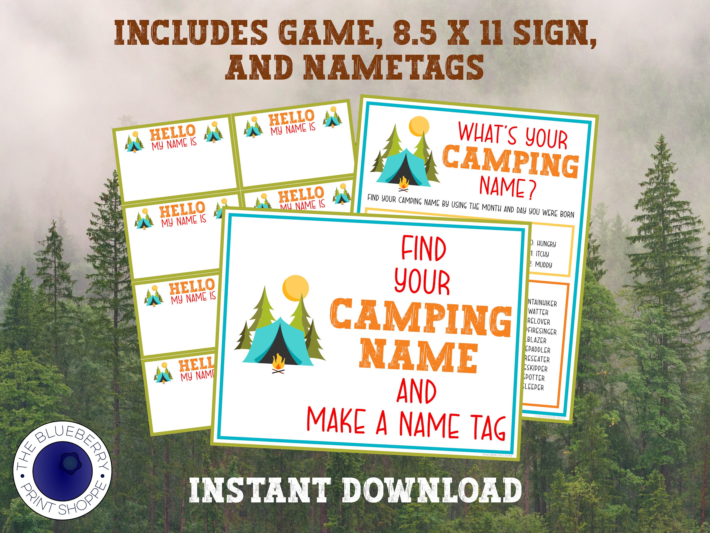 What's Your Camping Name Game WITH NAMETAGS & SIGN | Camping Birthday ...