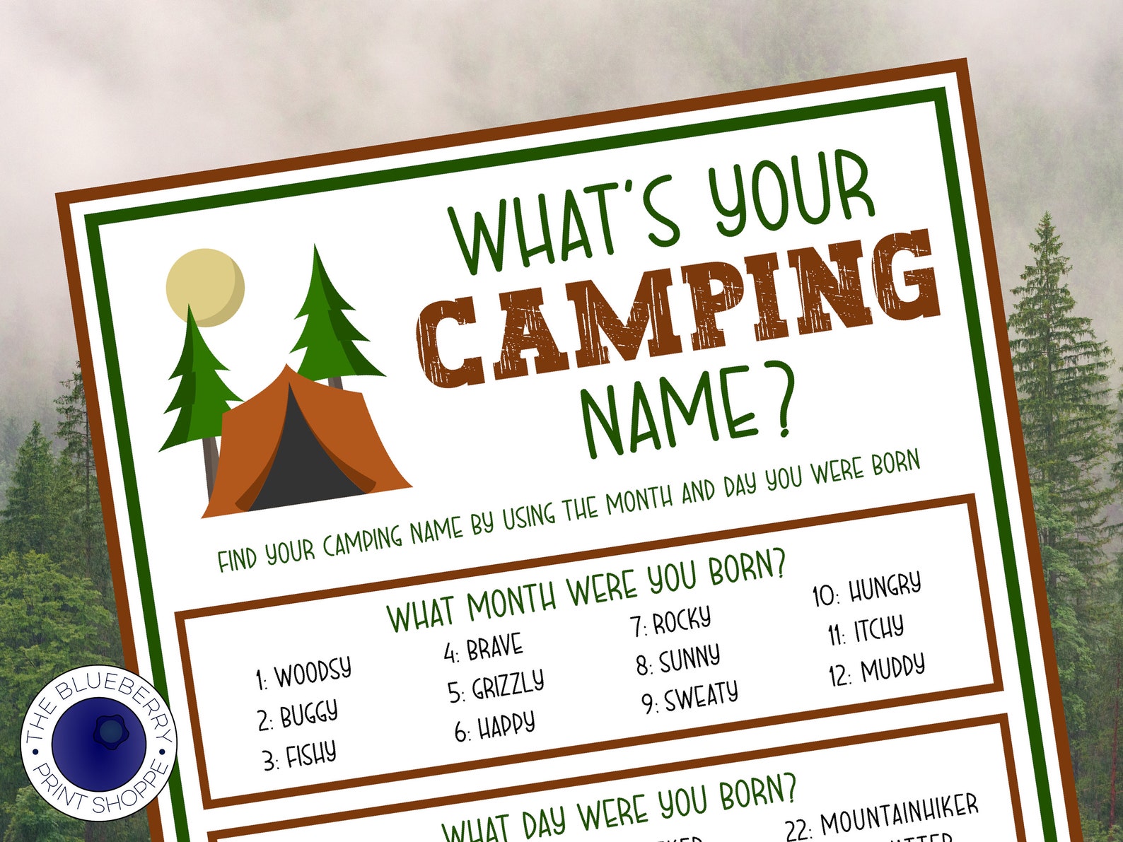 What's Your Camping Name Game WITH NAMETAGS & SIGN Camping Birthday ...
