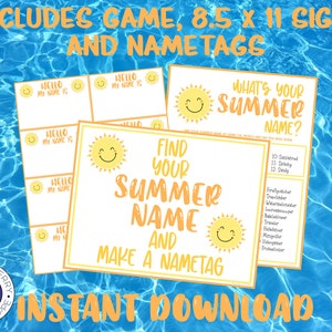 What's Your Summer Name Game WITH NAMETAGS & SIGN | Summer Name ...
