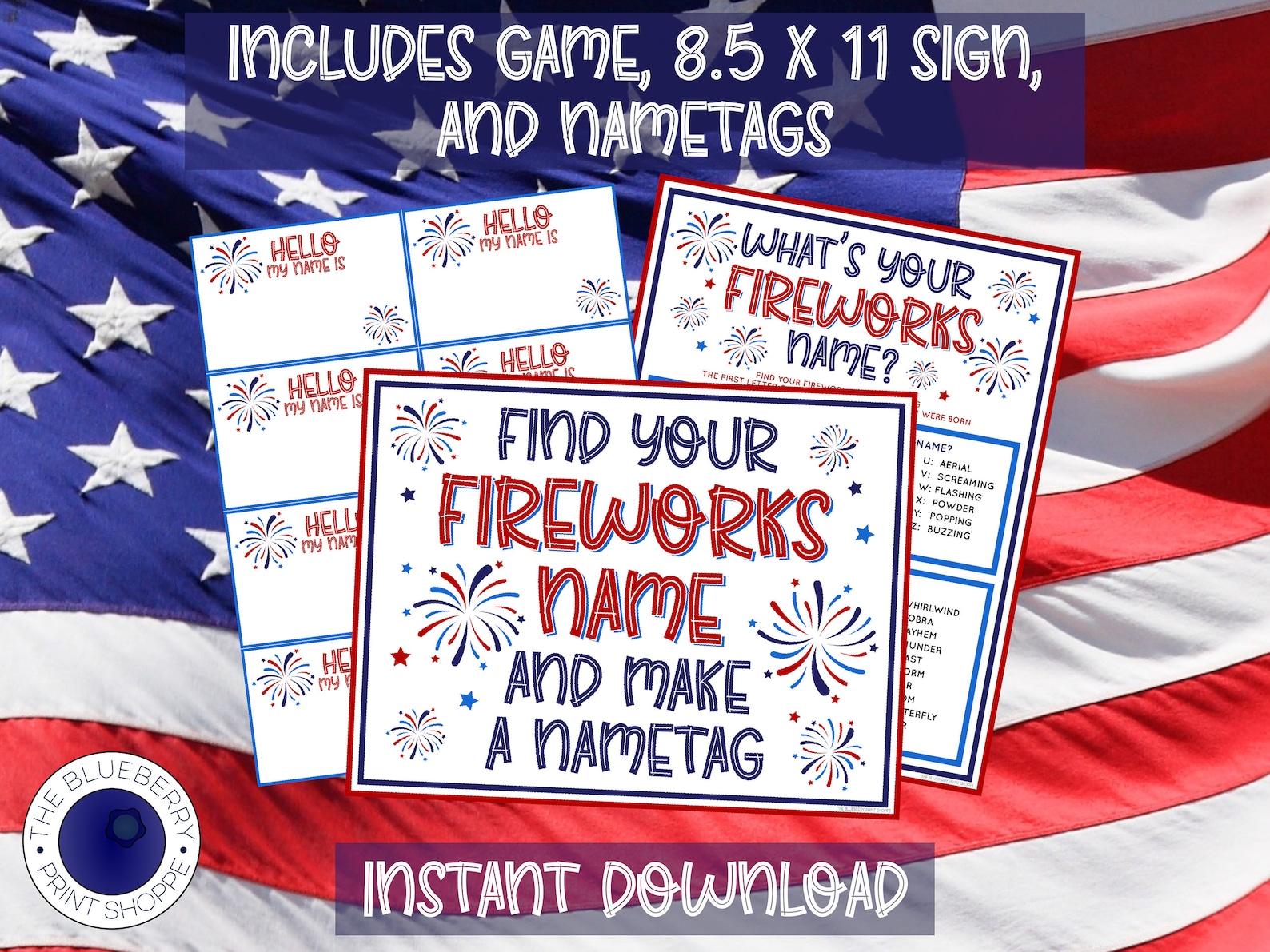 What's Your Fireworks Name Game WITH NAMETAGS & SIGN | Fourth of July ...