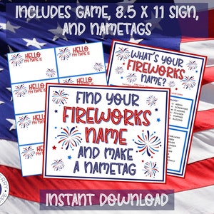 What's Your Fireworks Name Game WITH NAMETAGS & SIGN | Fourth of July ...