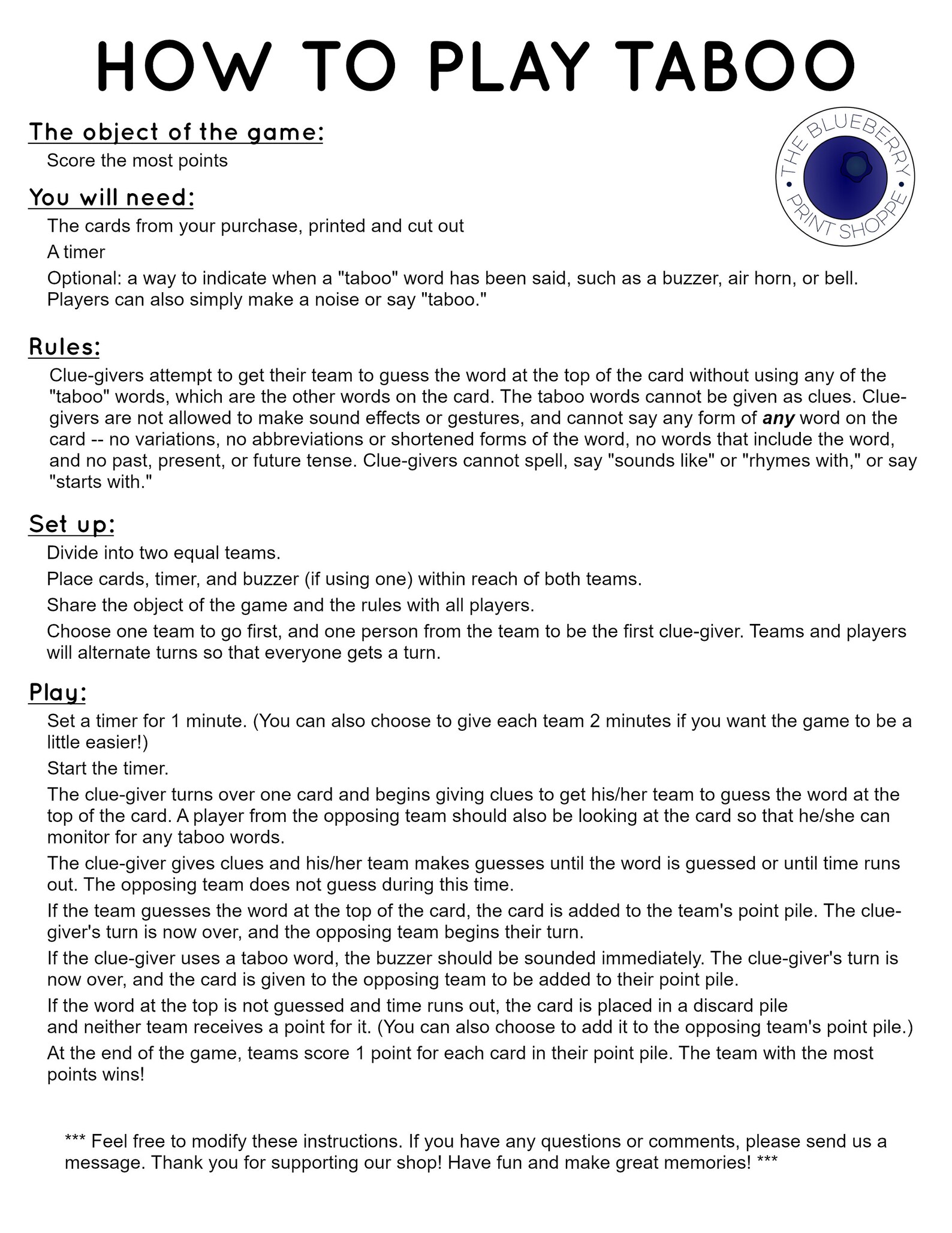 Thanksgiving Taboo Classroom Game Class Party Family Fun | Etsy