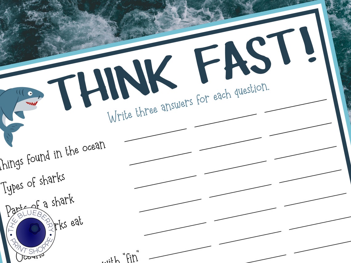 Shark Party Game THINK FAST Shark Week Game Name 3 - Etsy