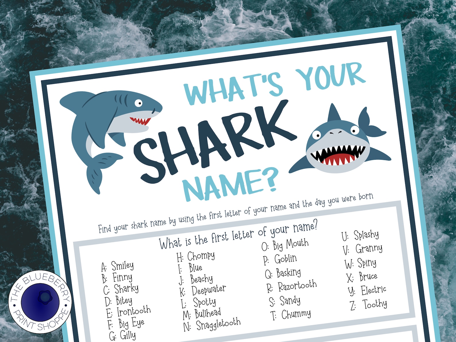 What's Your Shark Name Game WITH NAMETAGS & SIGN Shark - Etsy