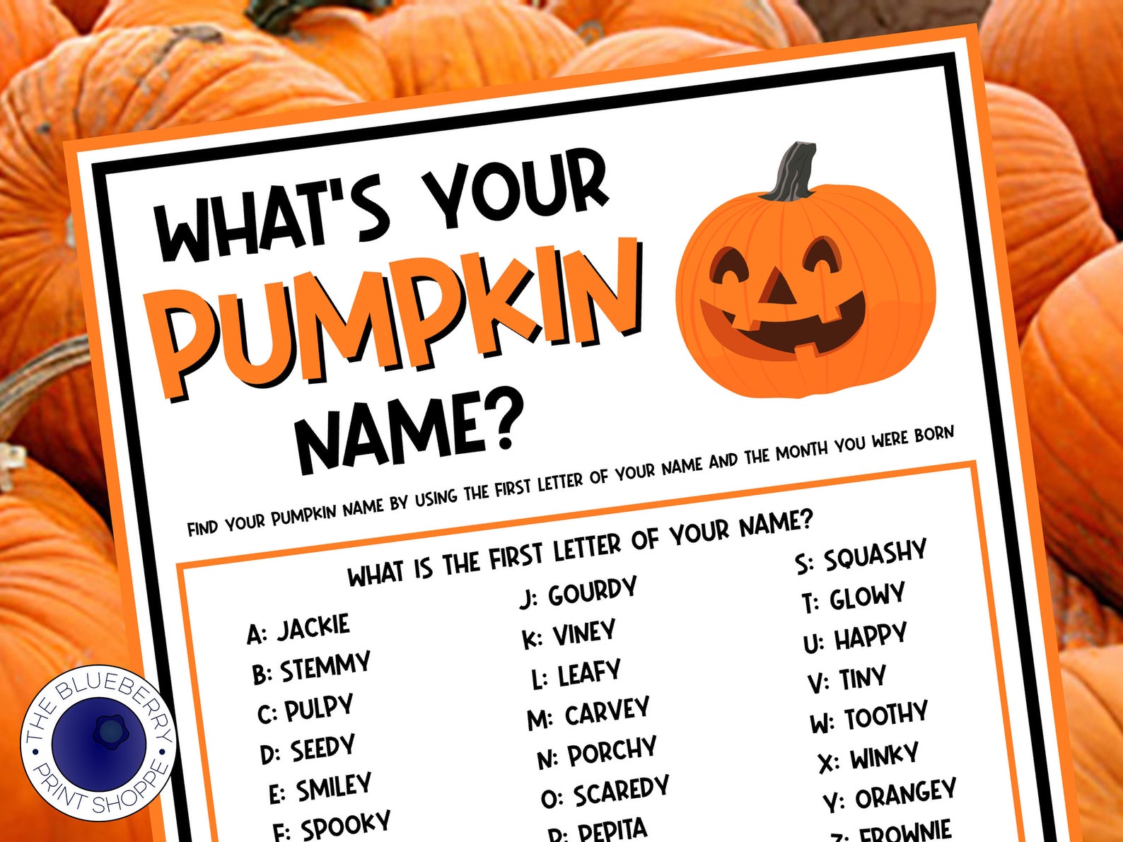 What's Your Pumpkin Name Game WITH NAMETAGS & SIGN | Pumpkin Carving ...