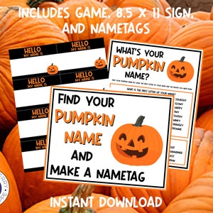 What's Your Pumpkin Name Game WITH NAMETAGS & SIGN | Pumpkin Carving ...