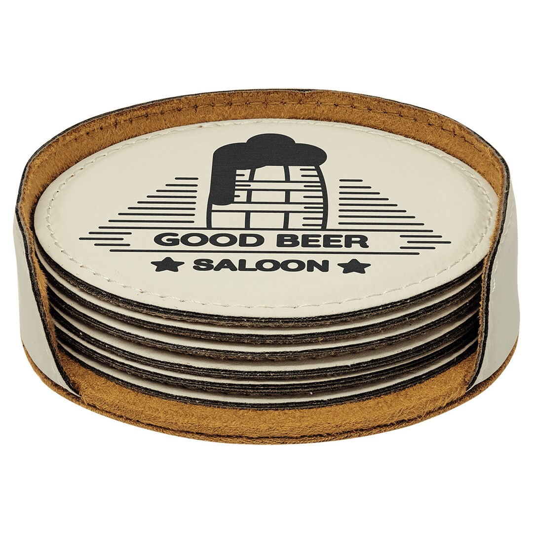 Laser Engraved White Leatherette Round Coaster Set, White Coasters ...