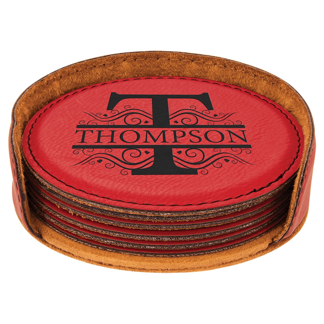 Laser Engraved Red Leatherette Round Coaster Set, Laser Engraved With ...