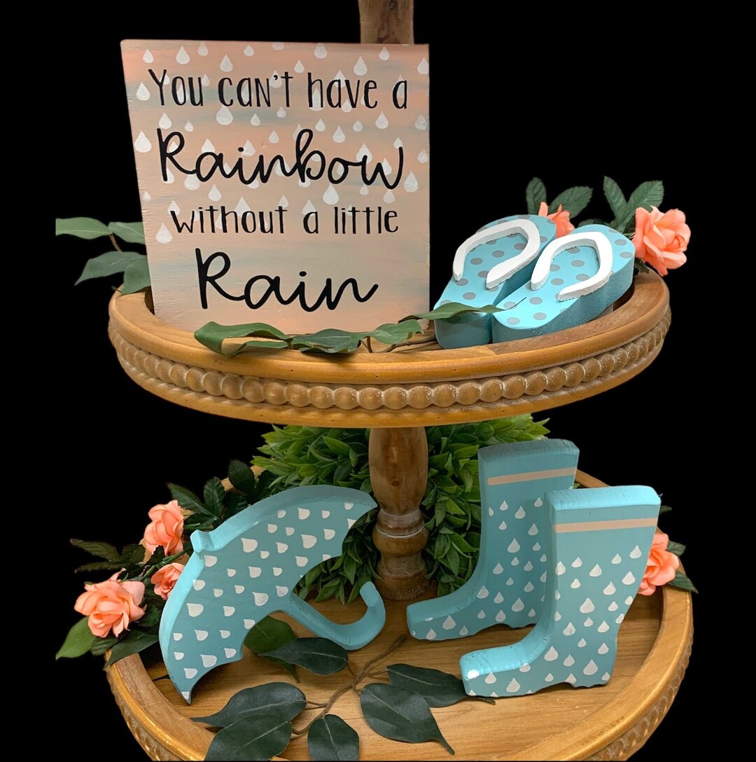 Summer Tiered Tray Decor, Wood Rain Boots, Wood Umbrella, Flip Flop ...