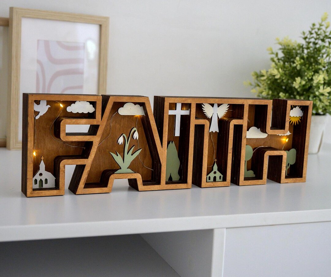 Faith LED Wooden Bedside Lamp Text Art, Personalized Gift for Her ...