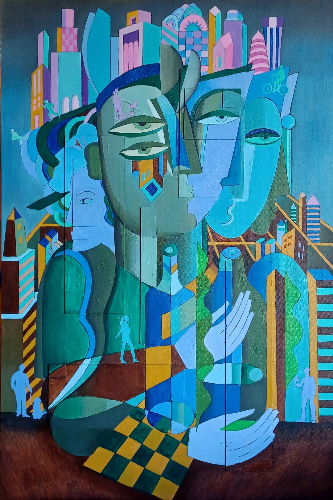 Large 3D Painting, Original Art, Cubism " Mysterious Conversation in ...