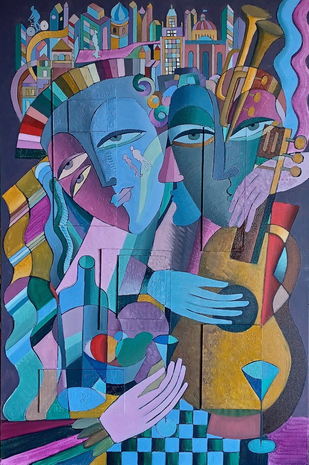 Large 3D Painting, Original Art, Cubism Song for You 36 X 24 Inch, Oil ...