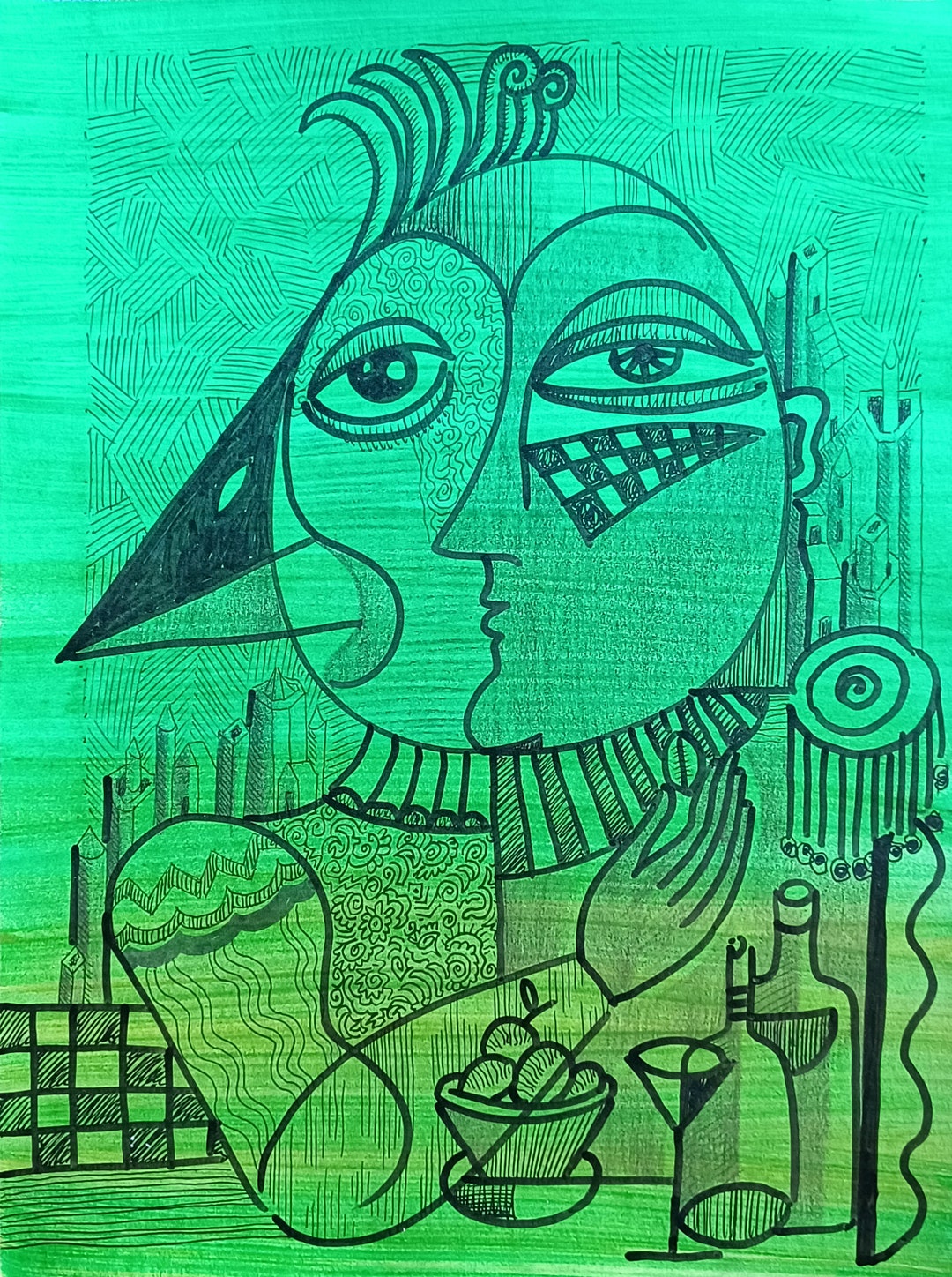 Original Painting, Cubism Picasso Style Cubist Art Bird Man Original ...