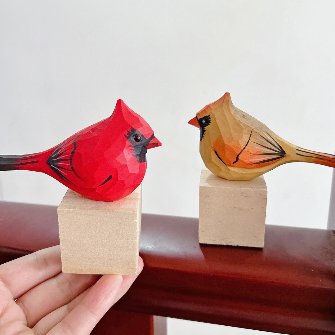 Handmade Cardinal Wood Carving Bird Figurine Wood Cardinal Engraving ...
