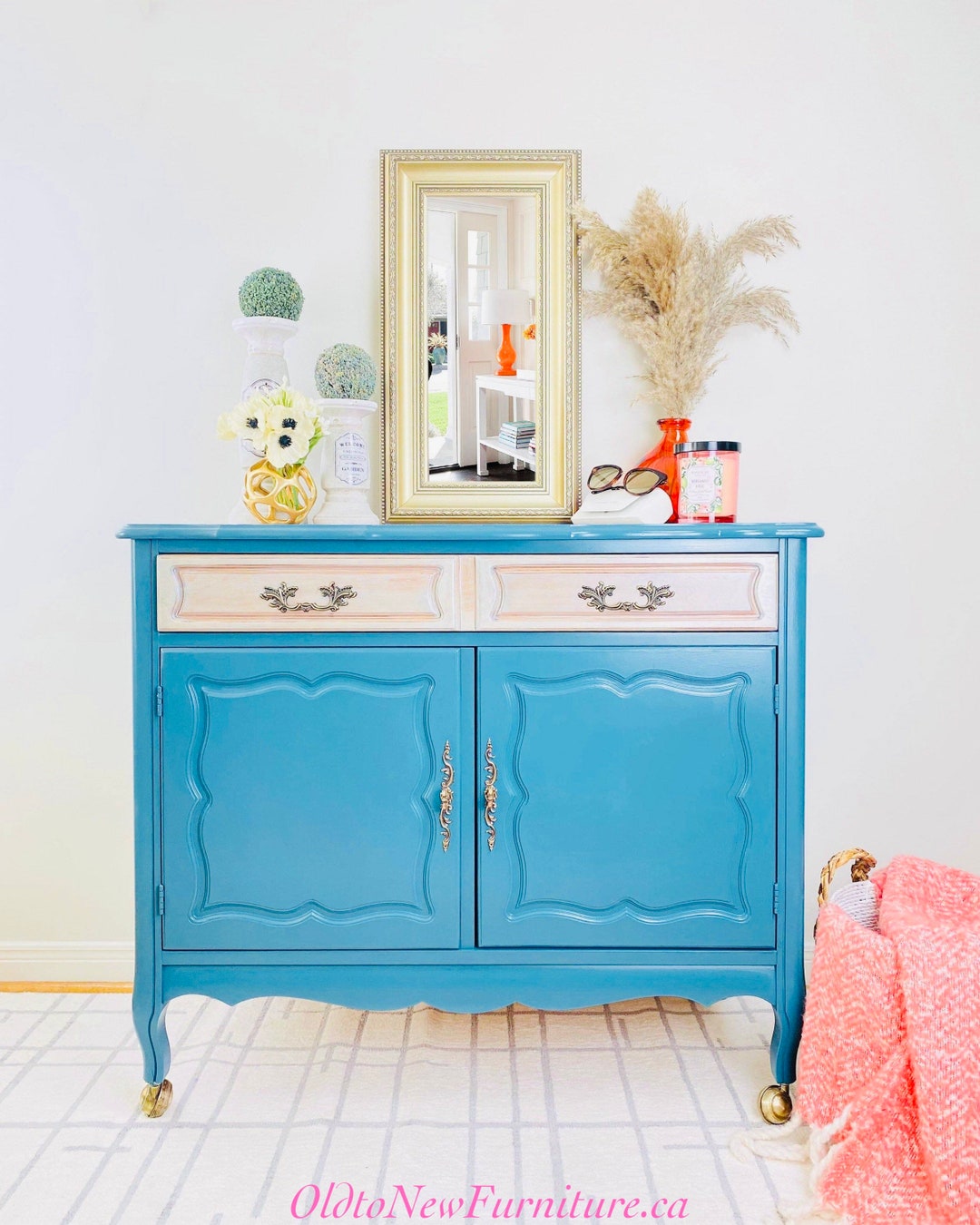 Blue and Natural Wood French Provincial Antique Sideboard Painted With ...