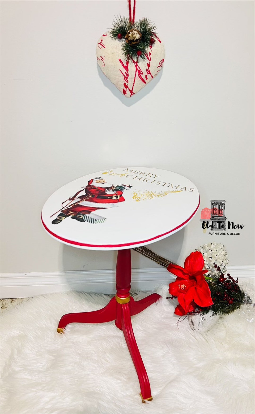 Best Christmas Accent Table With Red, White and Gold Santa Transfer ...