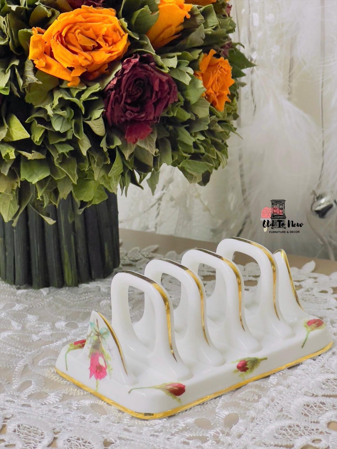 Vintage Floral Porcelain Toast Rack – Hand-painted Elegance for Your ...