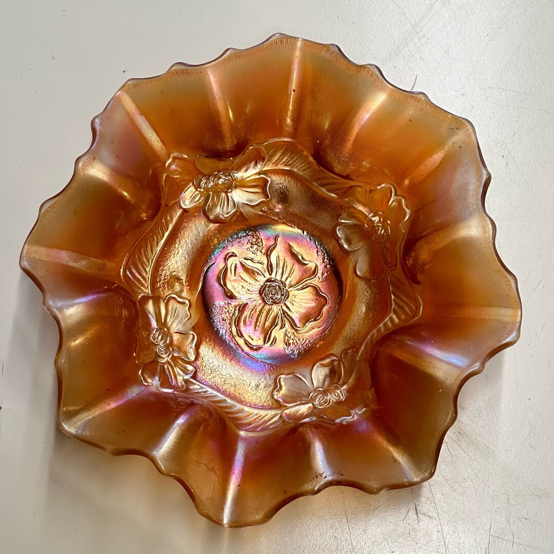 Vintage Dugan Carnival Glass Apple Blossom Pattern Ruffled Bowl in ...