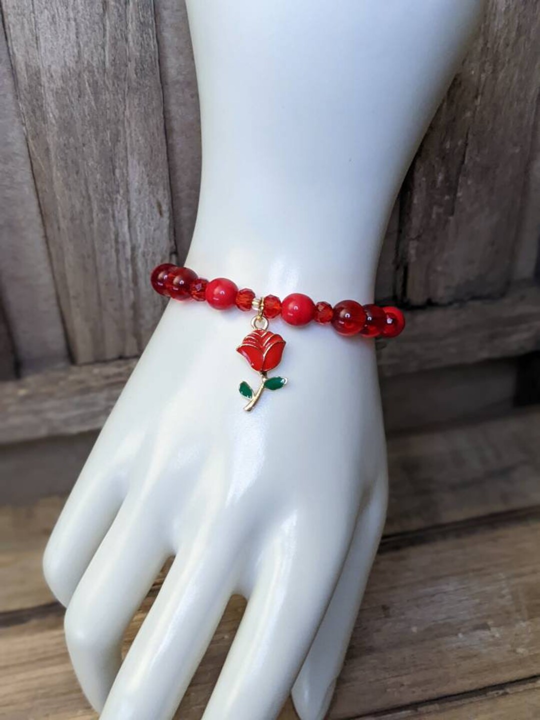 Valentine's Day Rose Charm Stretch Bracelet. Rose Charm Bracelet. Red ...