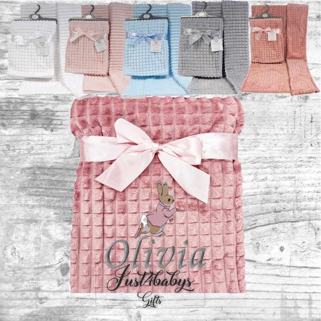 Personalised Peter Rabbit Embroidered Baby Square Waffle Blankets 90cm ...