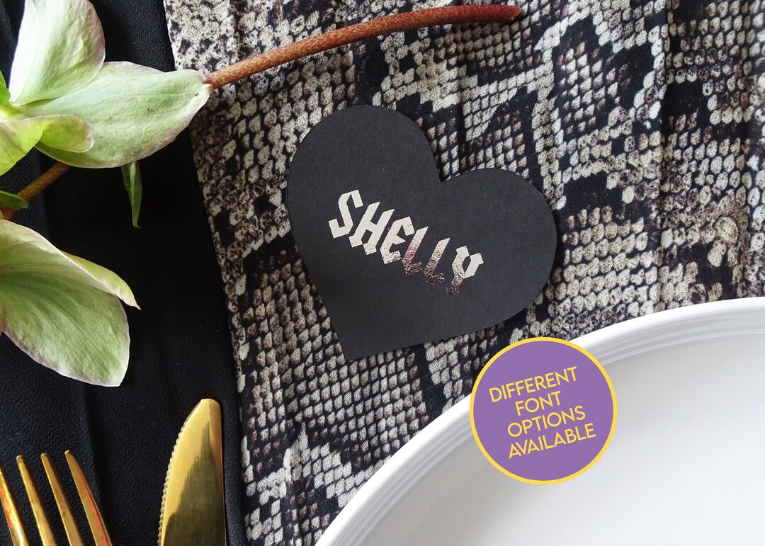 Heart Shaped Place Names - Black With Silver or Gold Foil - Wedding ...