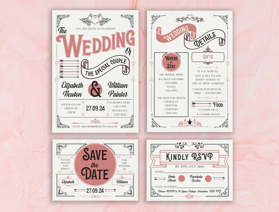 DIGITAL FILE Wedding Set Vintage Print Wedding Invitation - Etsy
