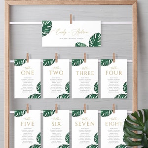 Monstera Seating Chart Template, Table Number Cards, Beach Palm Leaves ...