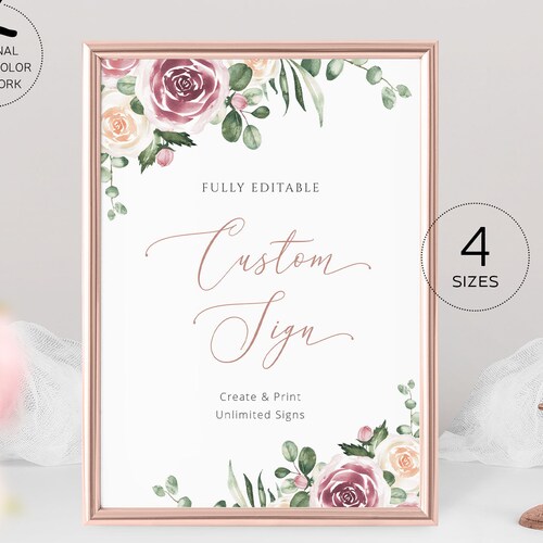 Boho Floral Wedding Sign Template Eucalyptus Mauve Roses | Etsy