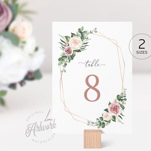 Geometric Boho Table Number Card Template, Eucalyptus, Mauve Roses ...