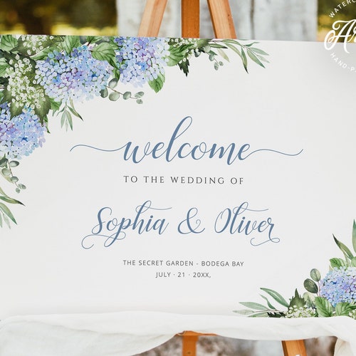 Blue Hydrangea Wedding Welcome Sign Template Rustic Greenery - Etsy