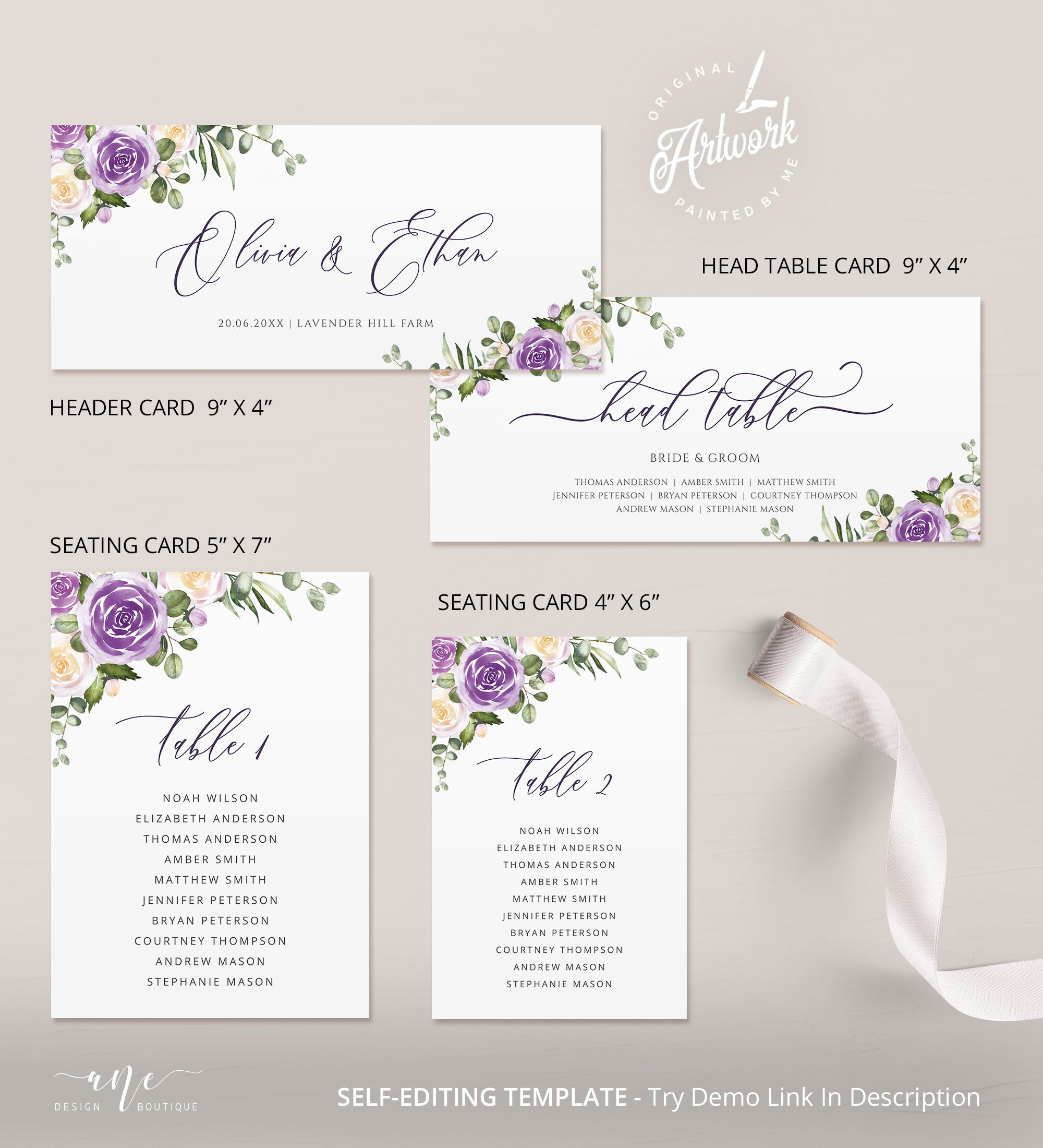 Modern Purple Seating Chart Template, Table Number Cards, Lavender ...